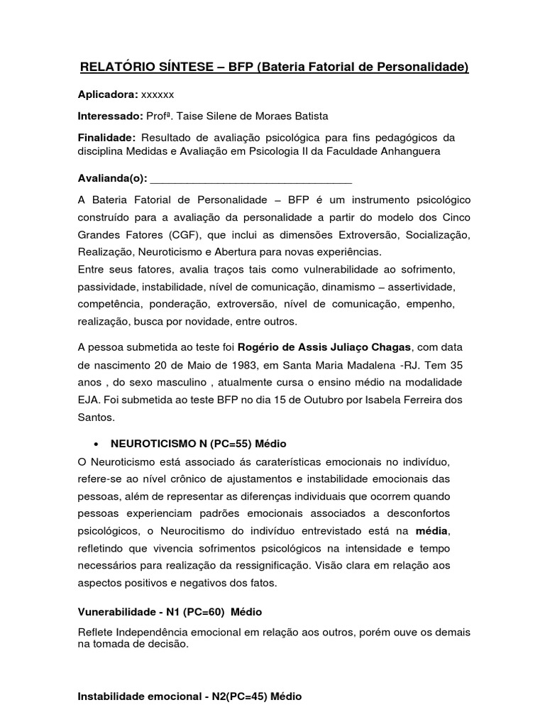 Resultados do Teste BFP de Personalidade | PDF | Motivação | Motivacional