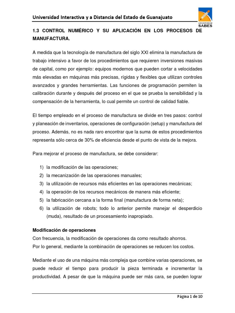 1.3 Control Numérico y Su Aplicación en Los Procesos de Manufactura | PDF | Control numerico ...