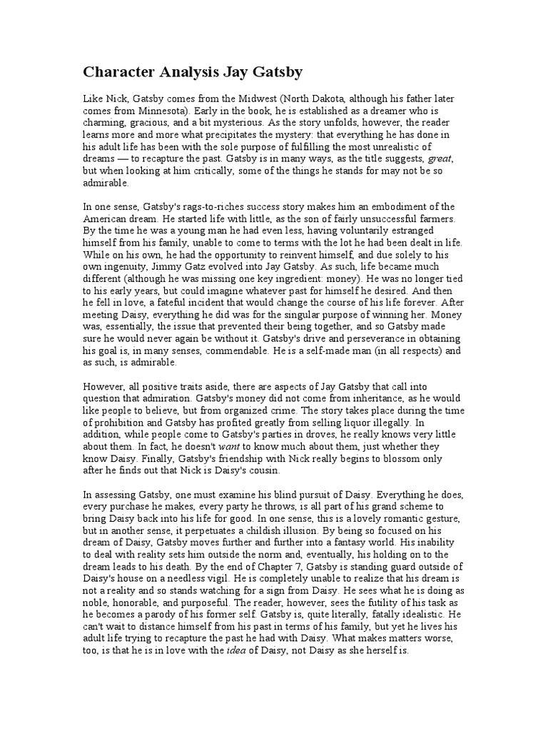 Character Analysis Jay Gatsby | PDF | The Great Gatsby
