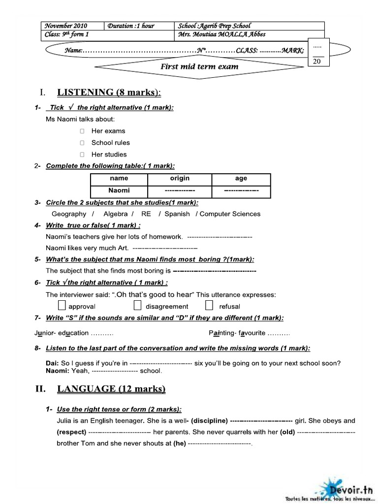 Devoir de Contrôle N°1 2010 2011 (Moutiaa Abbes) | PDF