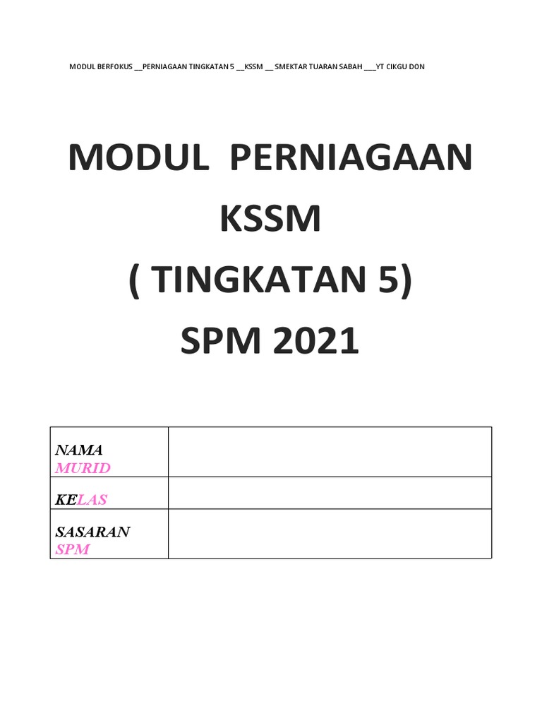 Modul Perniagaan KSSM (Tingkatan 5) SPM 2021: Nama KE Sasaran | PDF