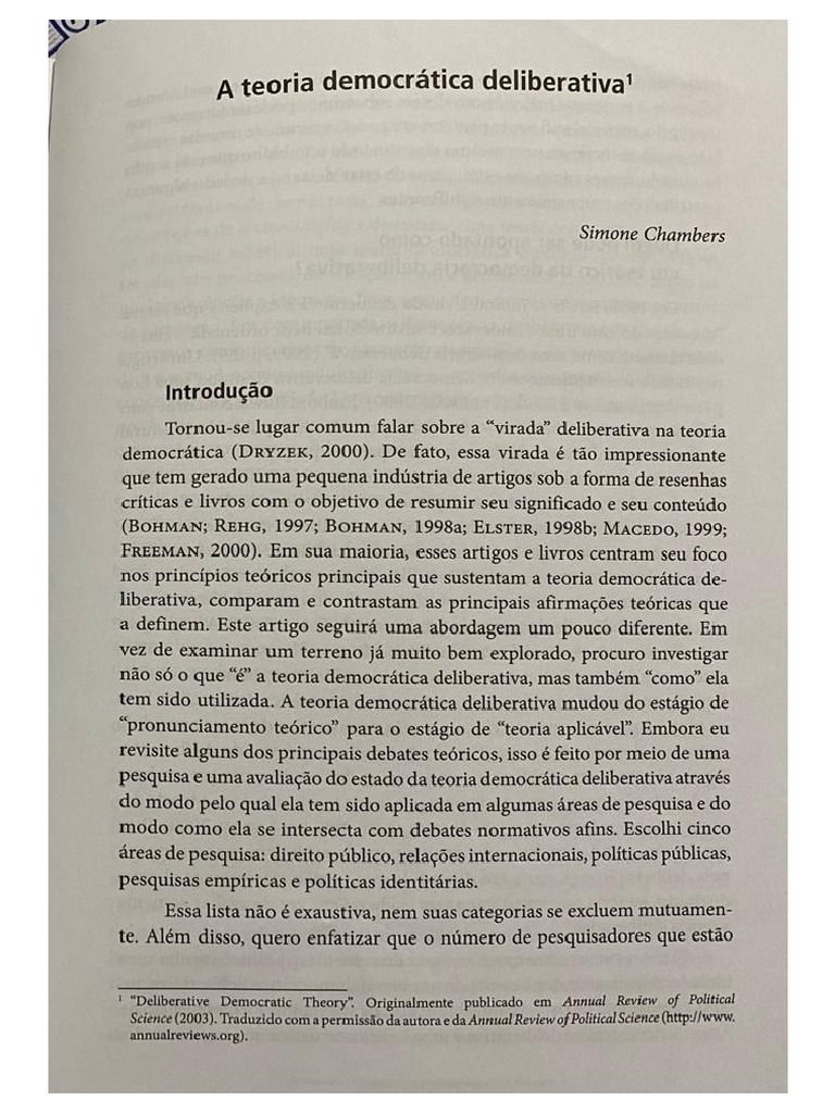 CHAMBERS, Simone. Deliberative Democratic Theory . | PDF