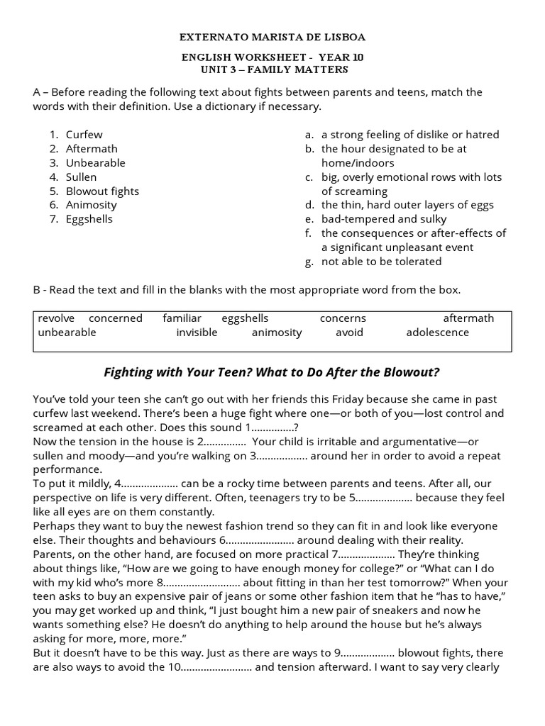 Worksheet Ii Teens and Parents Fights - Reading and Analysis | PDF ...