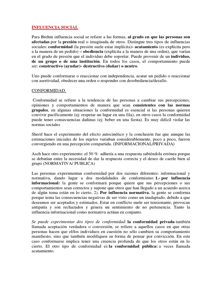 Influencia social: conformidad, acatamiento y obediencia según las ...