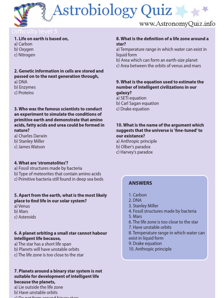 Astrobiology Quiz With Answers | PDF | Astrobiology | Extraterrestrial Life