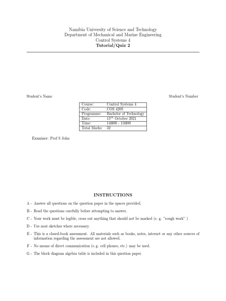 Namibia University Control Systems Quiz Solutions | PDF | Damping | Applied Mathematics