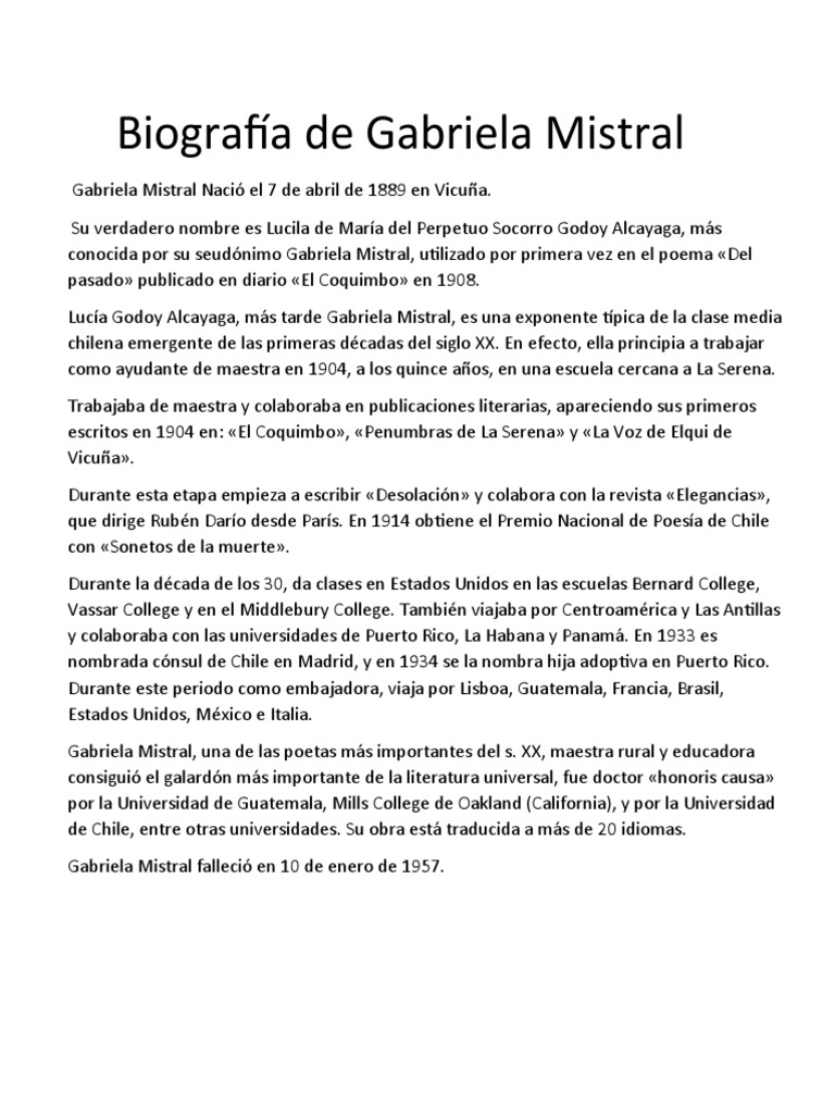 Biografía de Gabriela Mistral | PDF | Clásicos
