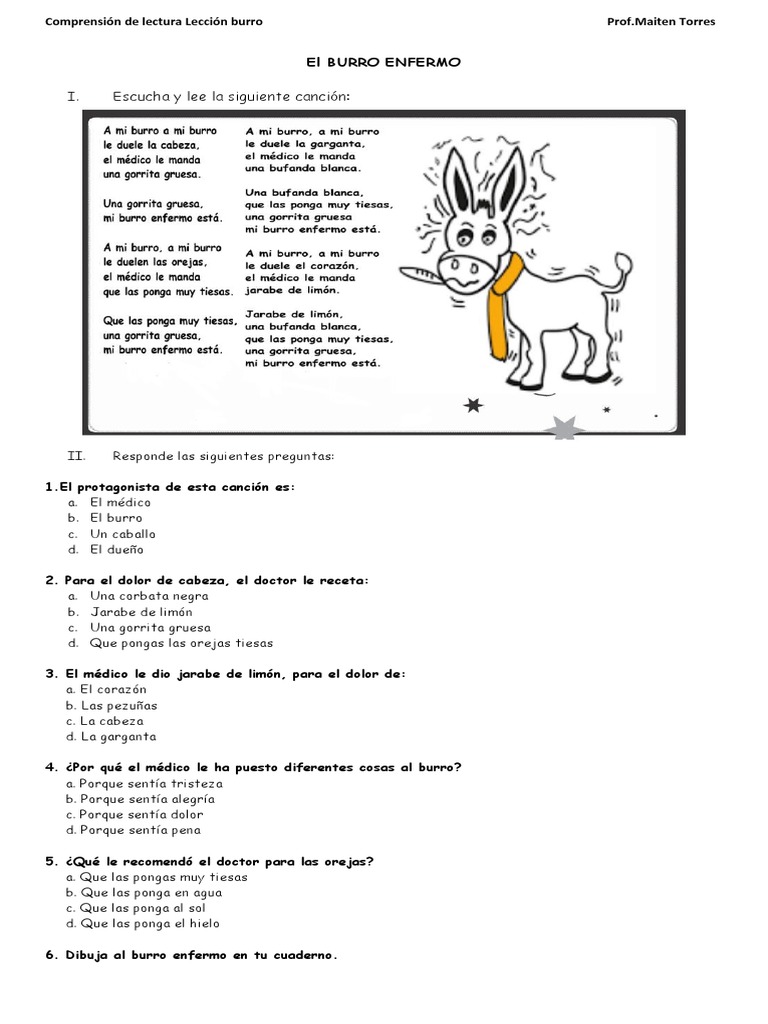 Comprensión: Canción del Burro Enfermo | PDF | Artes del Lenguaje y ...