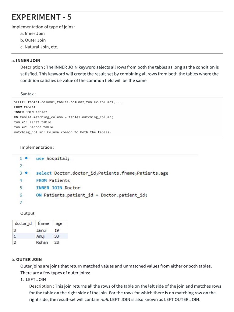 Implementation of Type of Joins. A. Inner Join B. Outer Join C. Natural Join Etc. | PDF