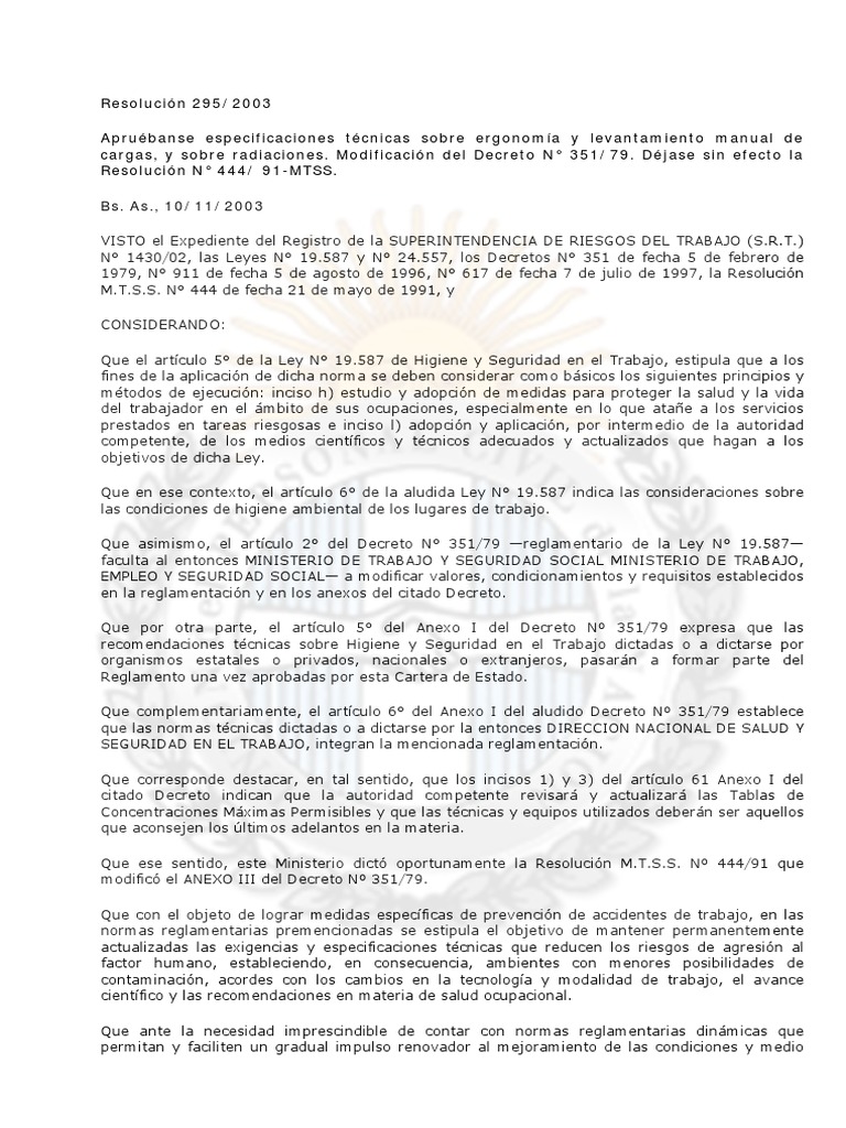 2003-Resolucion MTEySS 0295 | PDF | Seguridad y salud ocupacional | Desintegración radioactiva