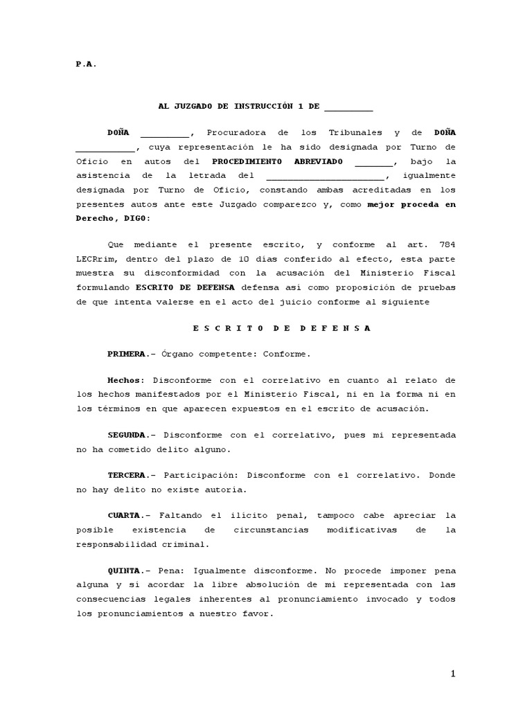 Modelo Escrito Defensa | PDF | Derecho penal | Ley común