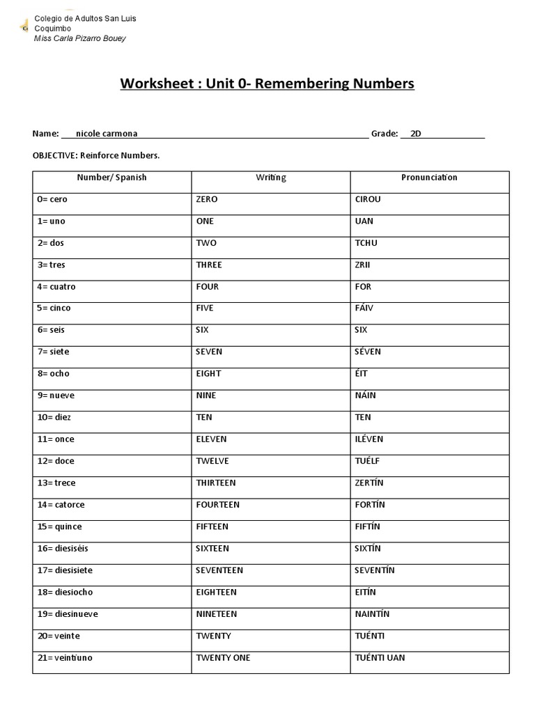 Worksheet Remembering Numbers | PDF