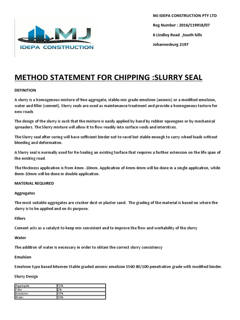 Slurry Seal Method Statement South Africa | PDF | Asphalt | Road Surface
