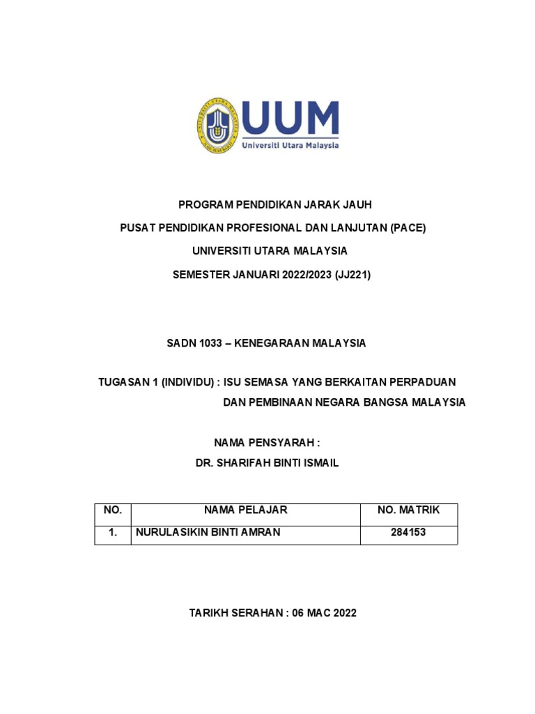 Sadn 1033 Kenegaraan Malaysia - Tugasan 1 (284153) 1 | PDF | Pengembangan Diri