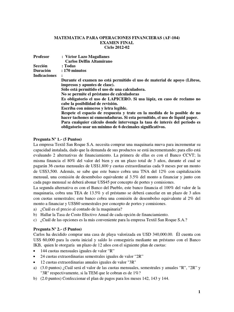 Examen Final Matefi | PDF | Bancos | Prueba (evaluación)