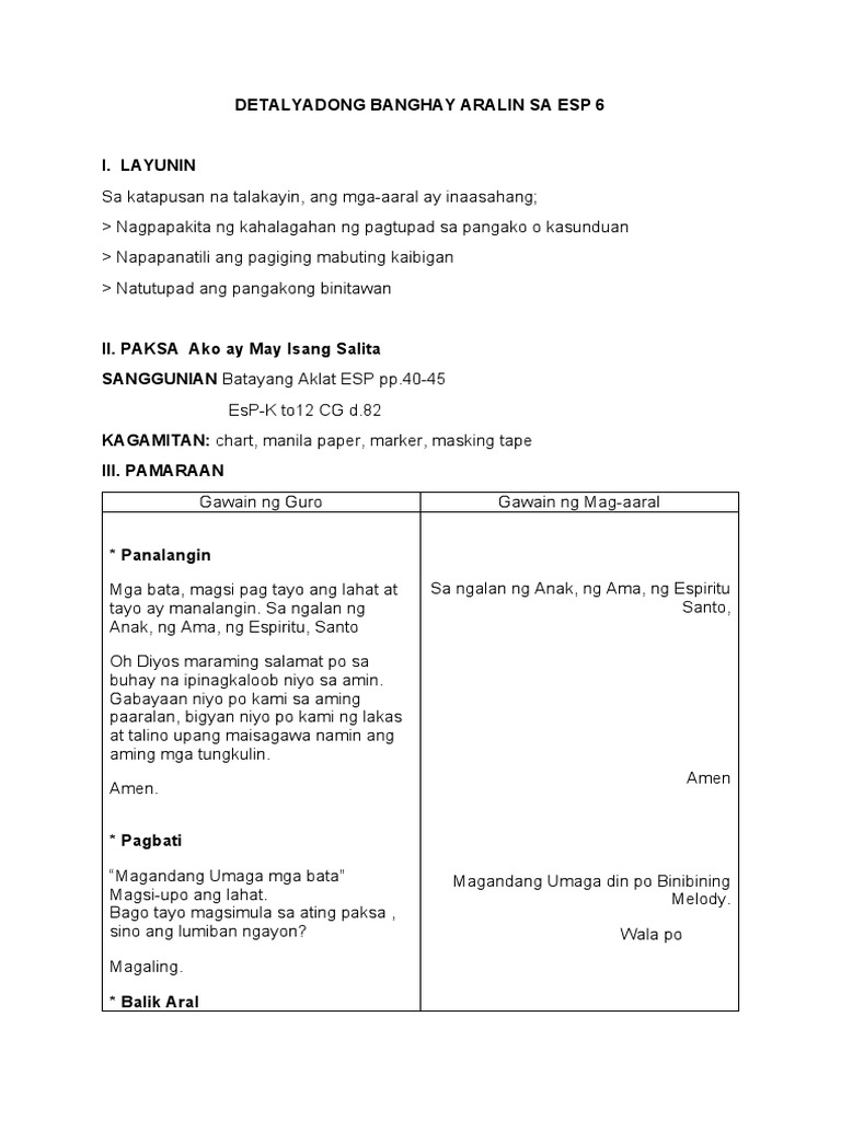 Detalyadong Banghay Aralin Sa Esp 6 | PDF