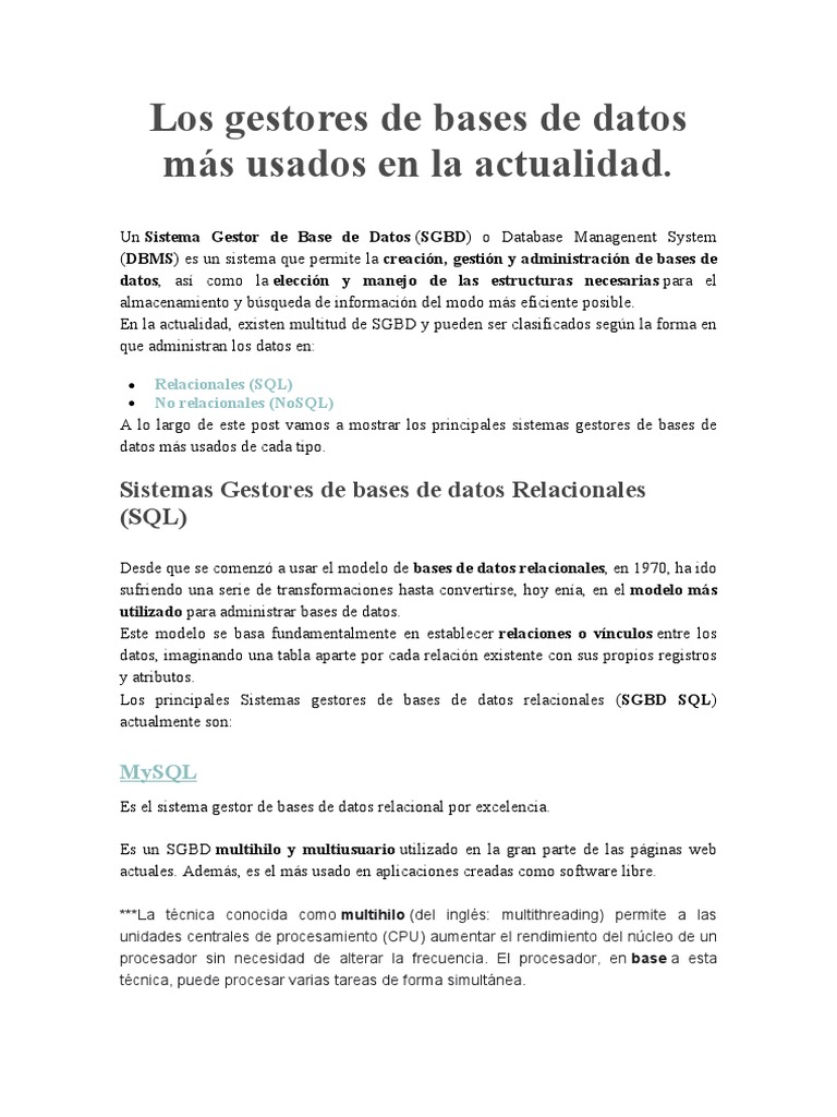 Gestores de Bases de Datos Mas Usados en La Actualidad | PDF | Bases de datos | Archivo de ...