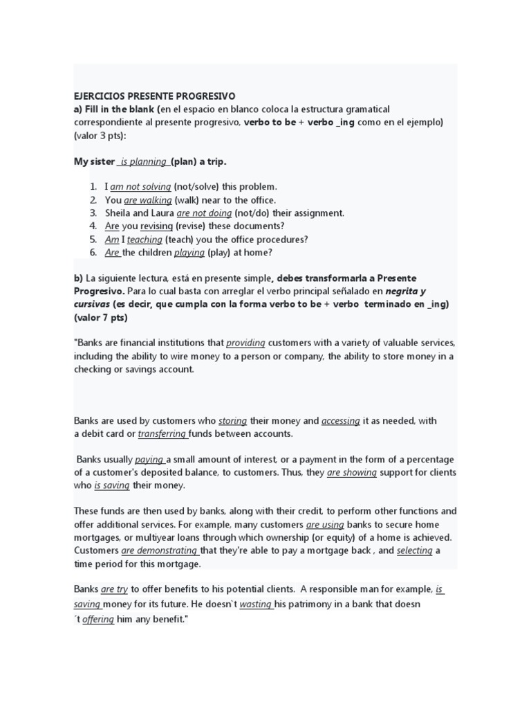 Ejercicios Presente Progresivo | PDF