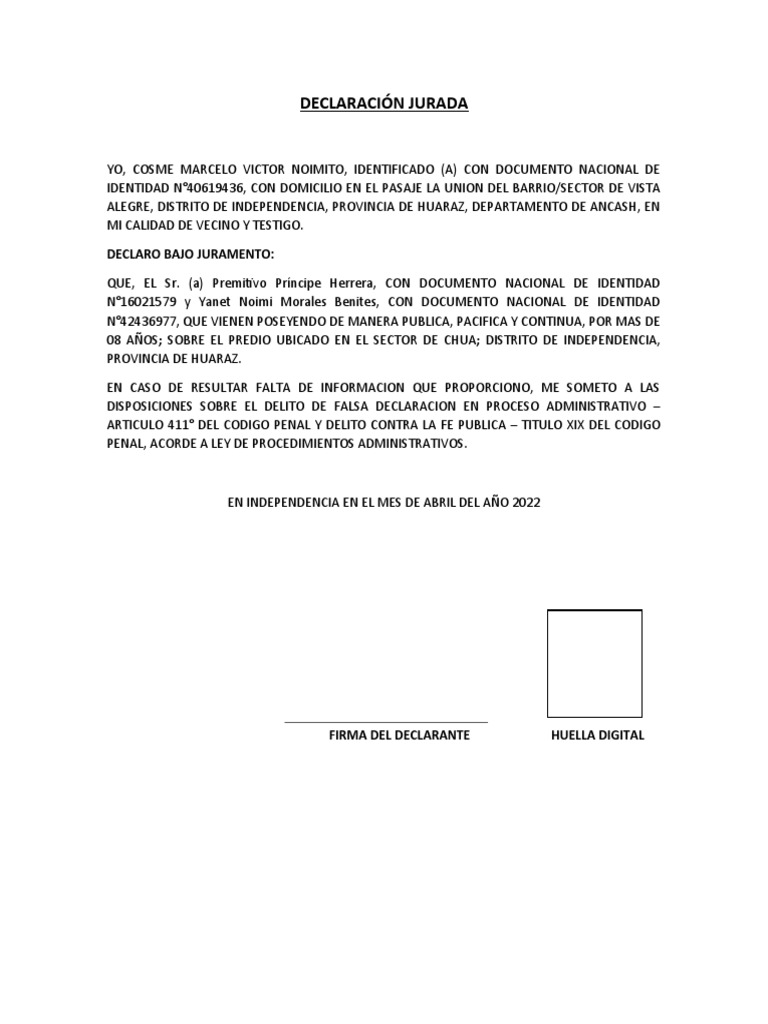 Declaración Jurada Testigo | PDF Declaración Jurada Testigo | PDF