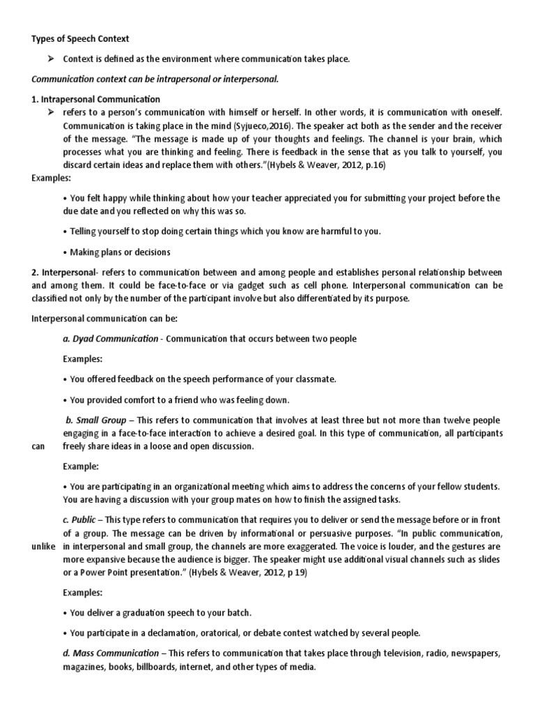 Types of Speech Context-Handout | PDF | Communication | Interpersonal ...