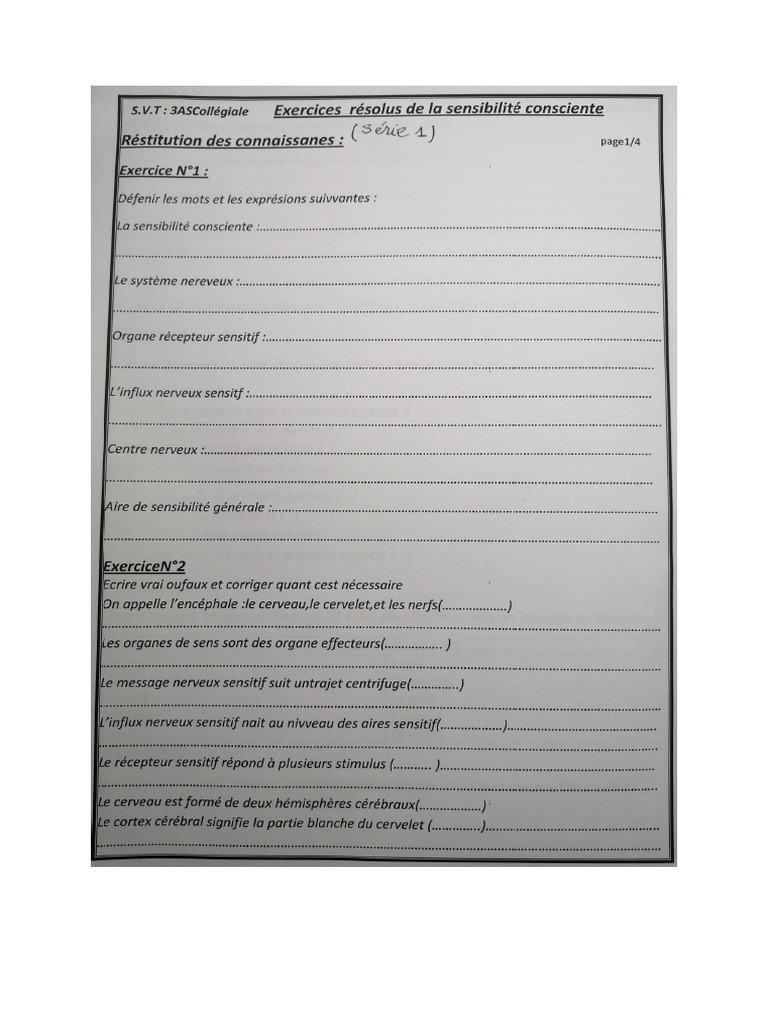 SVT3AScol Correction de La Série1 Compléte Dexercices de La Sensibilite Consciente | PDF
