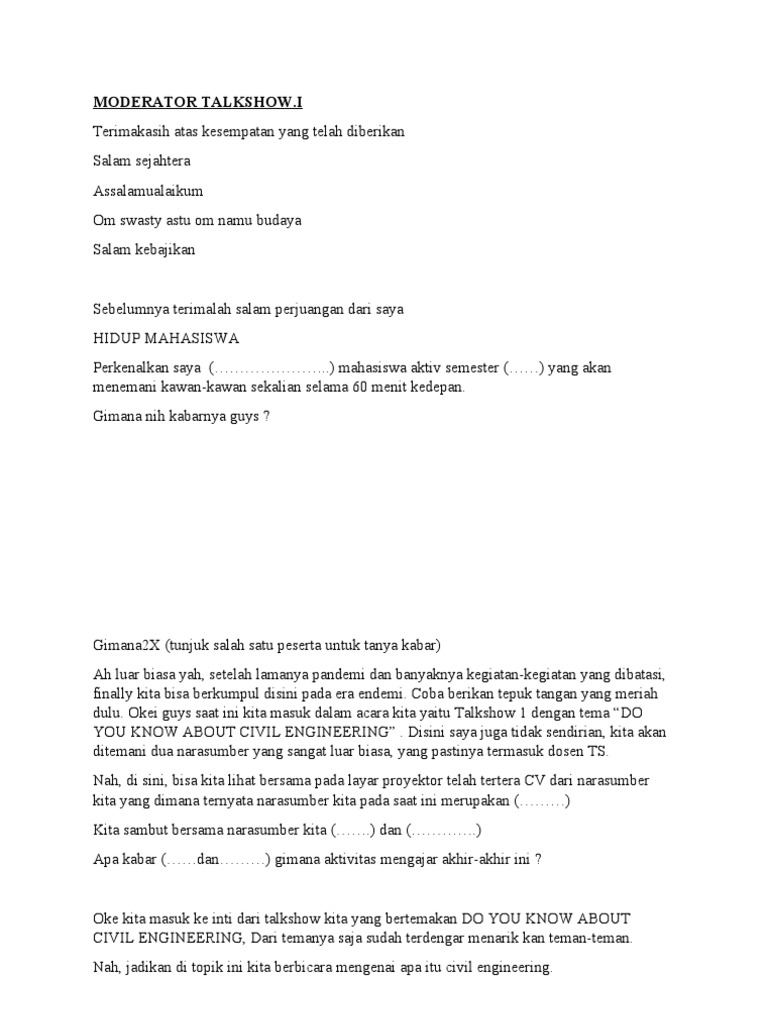 Teks Moderator Talkshow Teknik Sipil | PDF | Seni & Disiplin Bahasa | Kajian Bahasa Asing