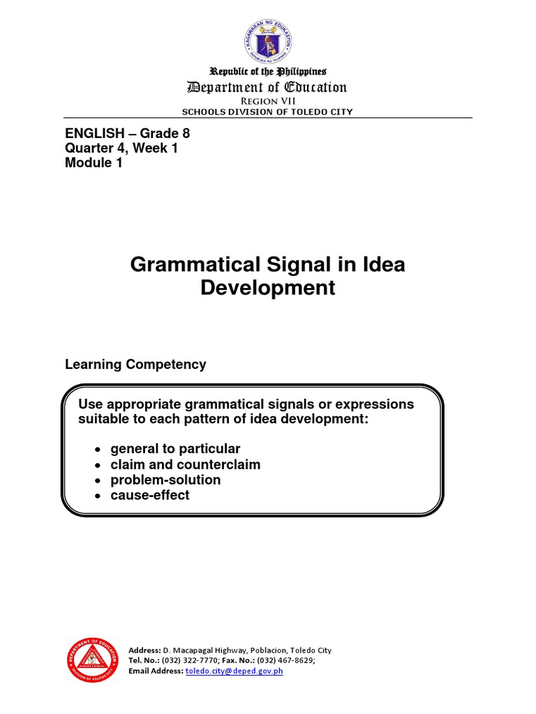 FINAL Q4 Eng8 Week1 Module1 Grammatical-Signals-in-Idea-Development | PDF | Trees | Causality
