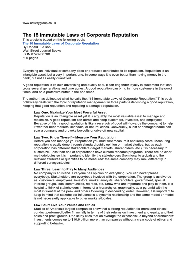 The 18 Immutable Laws of Corporate Reputation | PDF | Reputation ...
