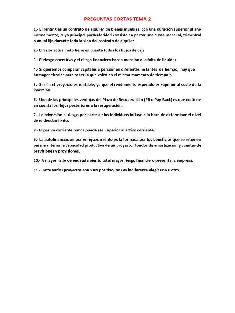 Preguntas Cortas Tema 2 Alumnos | PDF | Finanzas y dinero