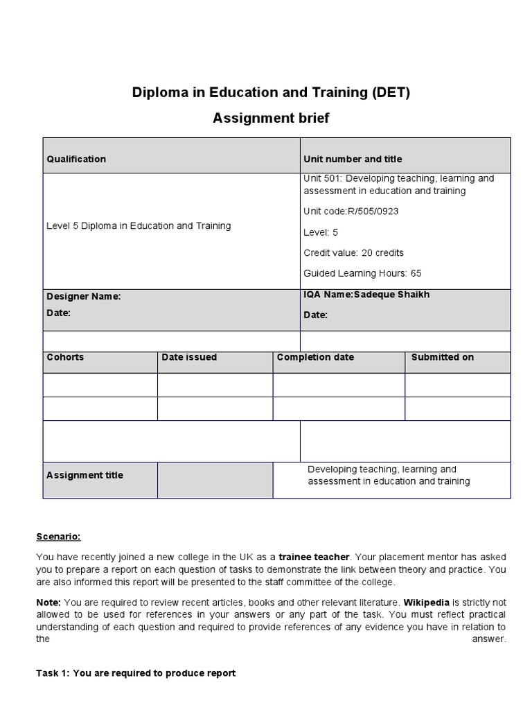 DET Unit 501 Assignment Overview | PDF | Teaching Method | Educational Assessment