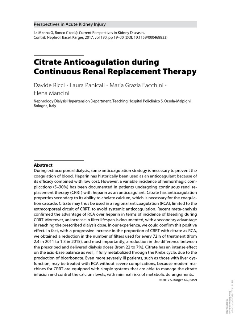Citrate Anticoagulation During CRRT | PDF | Coagulation | Medicine