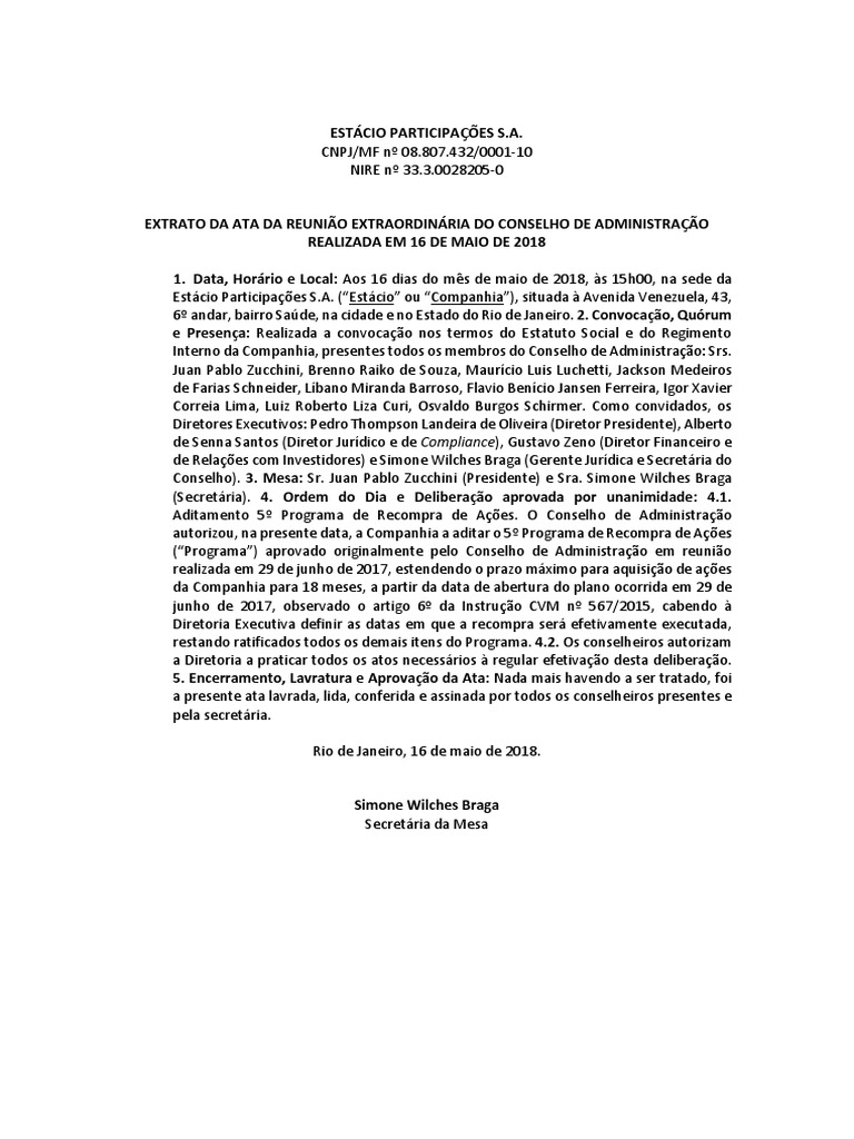 Ata da Reunião do Conselho da Estácio | PDF