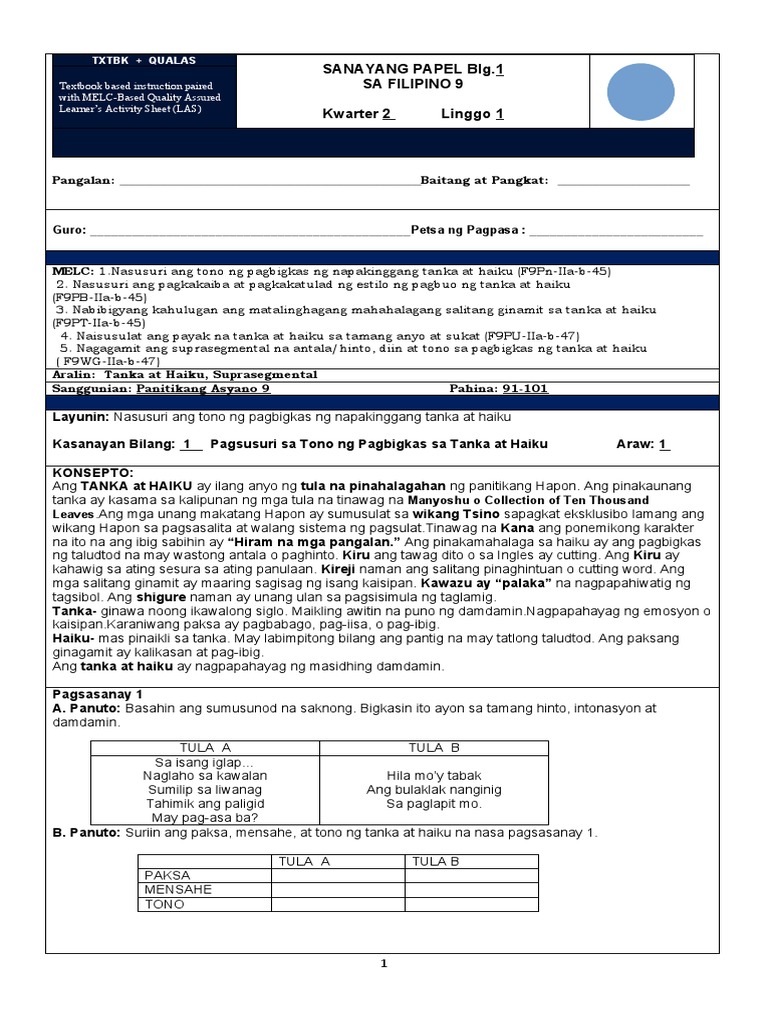 LAS - Q2 - Filipino 9 - W1 | PDF