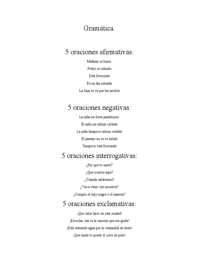 Gramática. 5 Oraciones Afirmativas | PDF | Artes del Lenguaje y ...