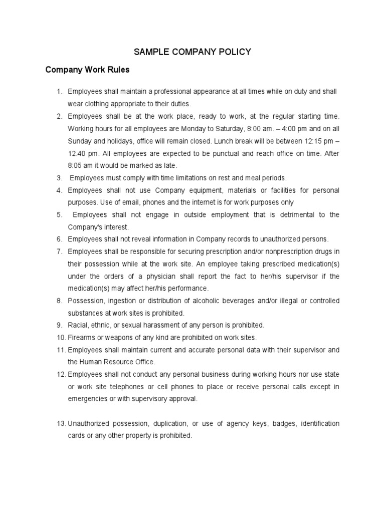 3 - Sample Company Rules and Policy | PDF | Sick Leave | Employment