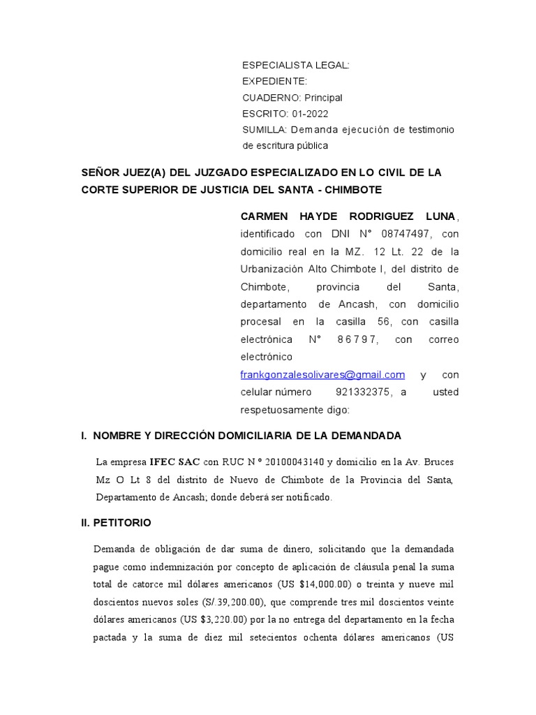 Demanda Ejecución de Testimonio de Escritura Pública. | PDF | Demanda ... Demanda Ejecución de Testimonio de Escritura Pública. | PDF | Demanda ...