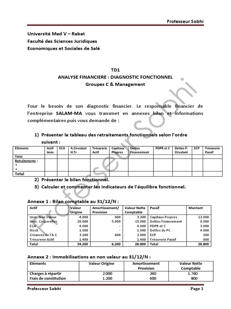 TD1 Analyse Fonctionnelle Rectifie | PDF | Comptabilité | Bilan comptable