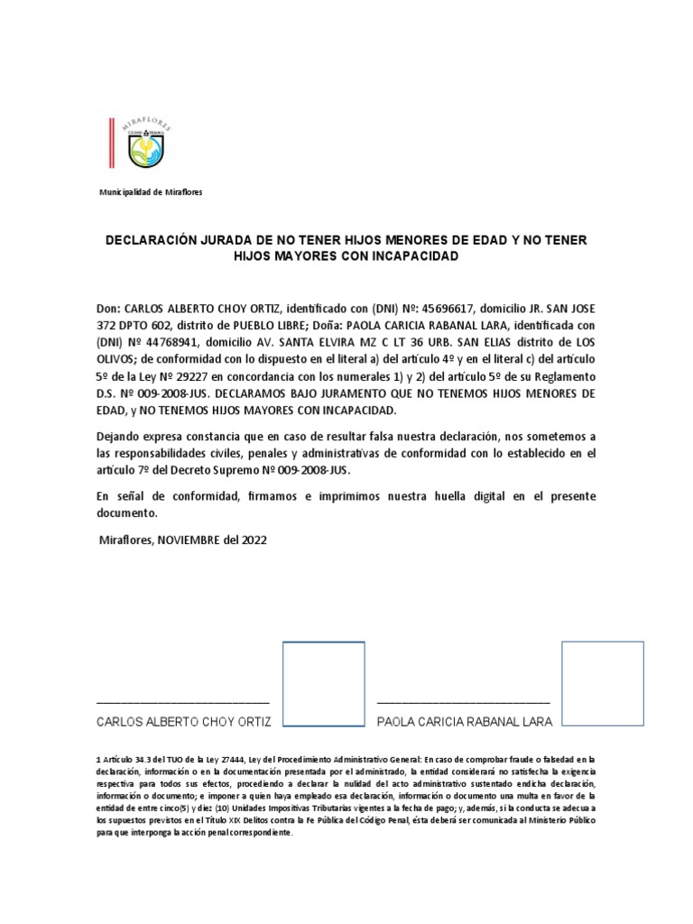 Declaracion Jurada de No Tener Hijos Menores y No Tener Hijos Mayores Con Incapacidad Web | PDF ...