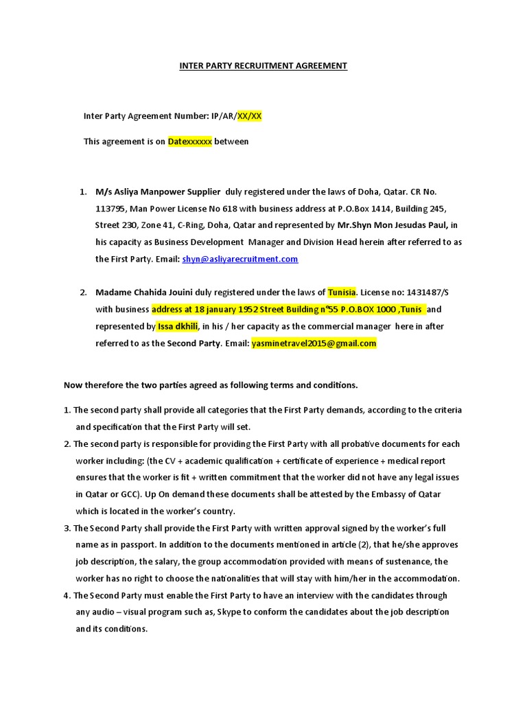 Inter Party Recruitment Agreement | PDF | Qatar | Employment