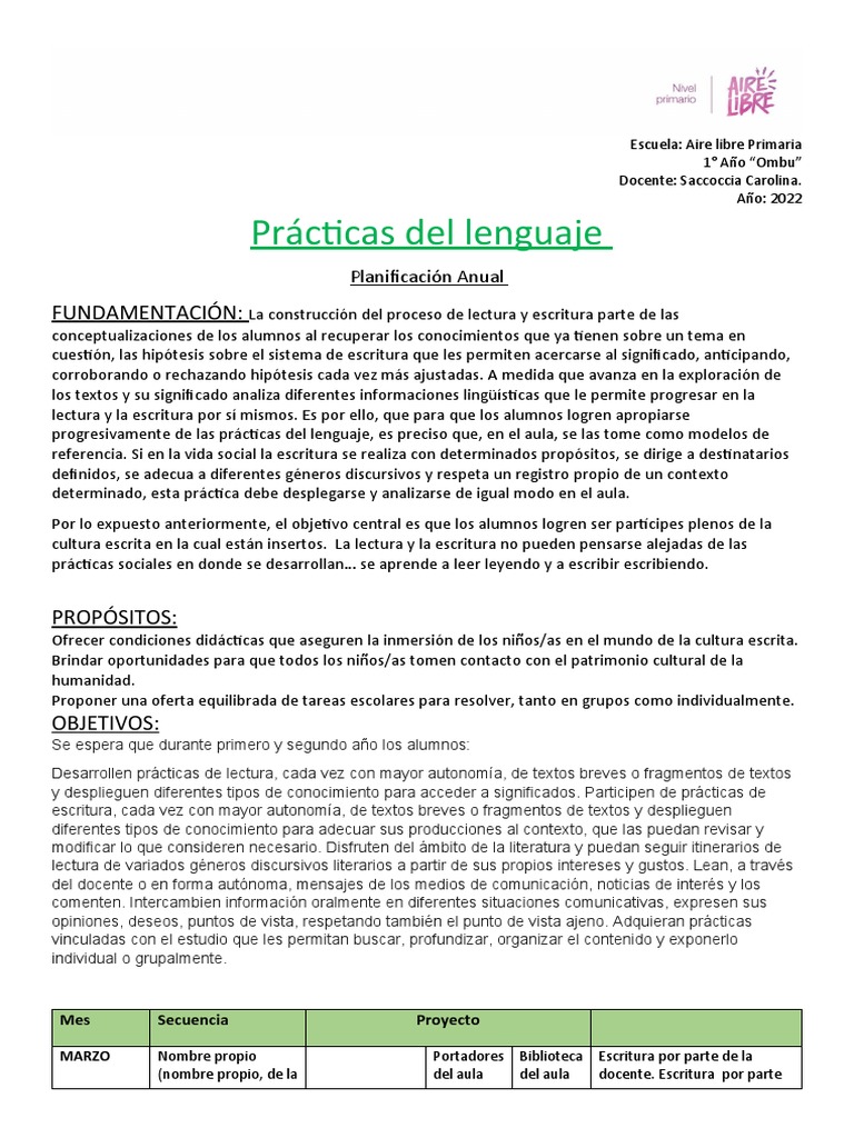 Planificacion Anual Pract Leng | PDF | Escritura | Puntuación