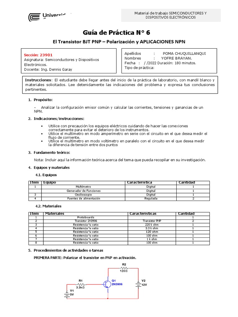 Práctica - 06 - El Transistor BJT PNP - Polarización y APLICACIONES NPN | PDF | Transistor de ...