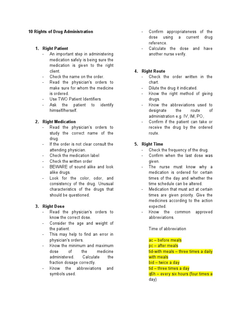 10 Rights of Drug Administration | PDF | Chemistry | Dose (Biochemistry)