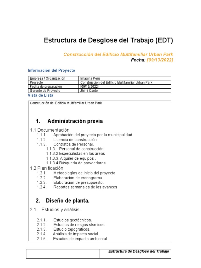Estructura de Desglose Del Trabajo (EDT) : 1. Administración Previa | PDF | Ingeniería ...