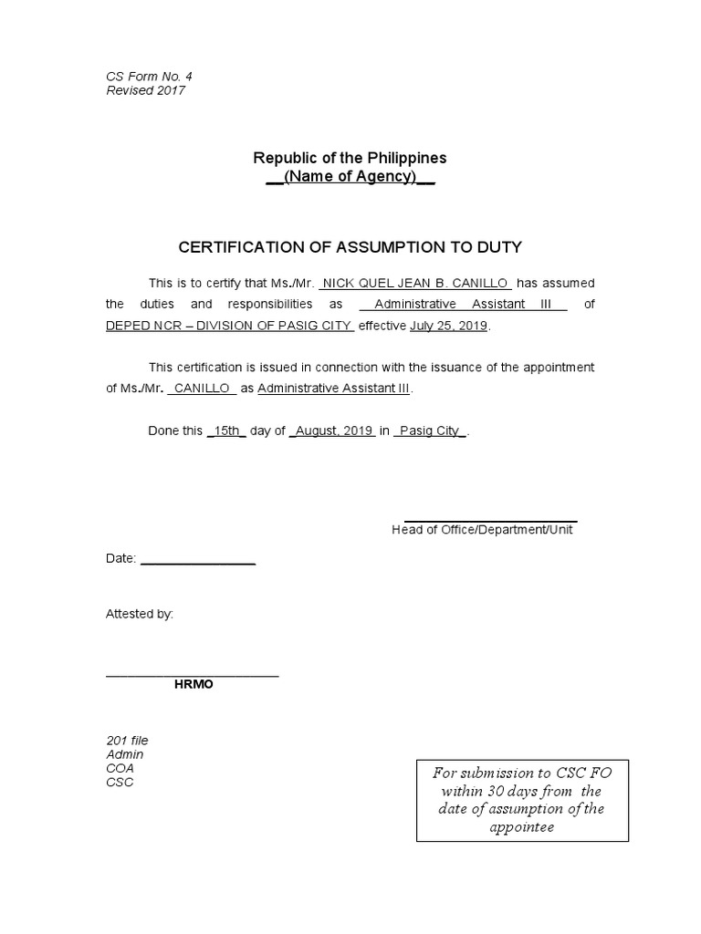 Certificate of Assumption to Duty | PDF