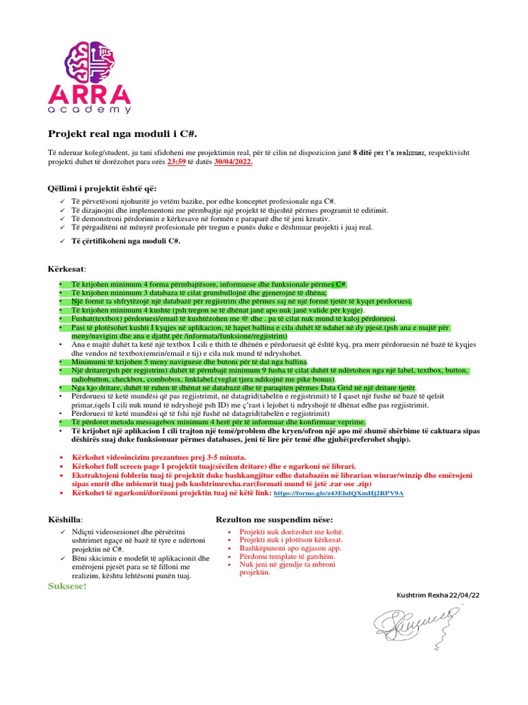 ARRA Academy - Kërkesat e Projektit C# | PDF