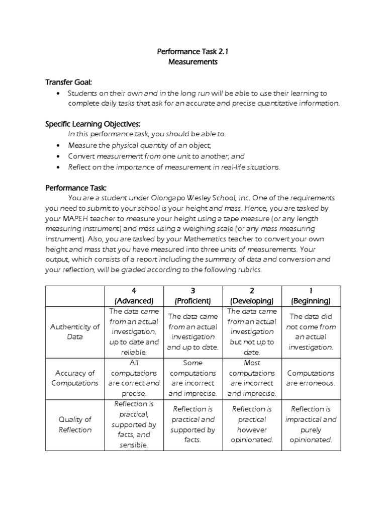 Performance Task 2.1 | PDF | Measurement | Mass