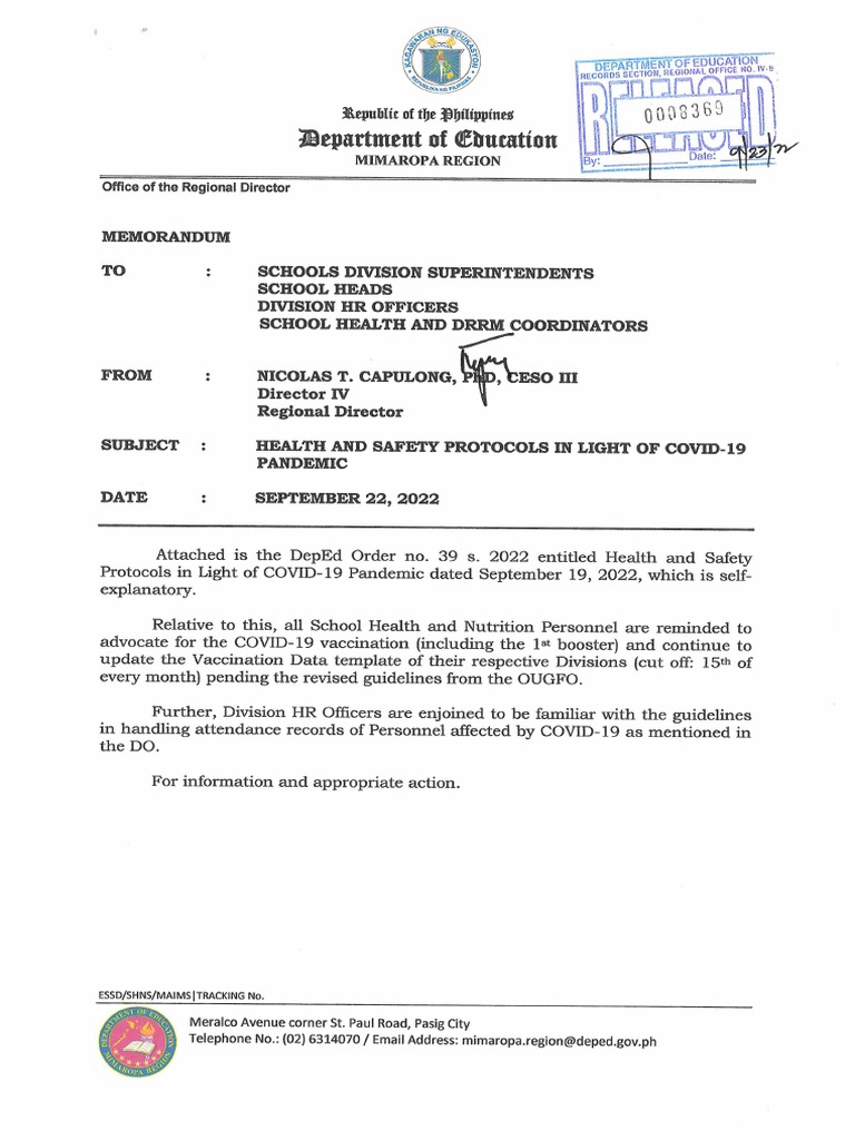 Memo Health and Safety Protocols in Light of Covid 19 Pandemic | PDF