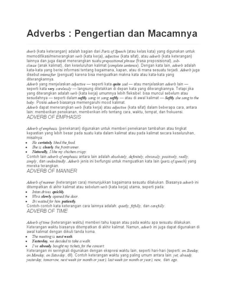 Adverbs - Pengertian Dan Macamnya | PDF