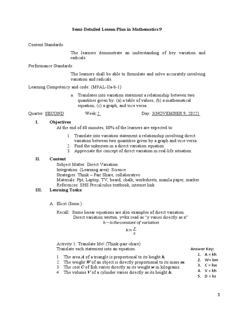 Direct Variation Lesson Plan for Grade 9 | PDF | Equations | Learning