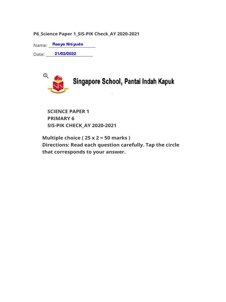 P6 Science SIS-PIK Check Paper 1 | PDF | Potential Energy | Cell (Biology)